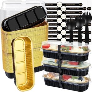 juneheart mini loaf pans with lids and spoons, 100 pack, black, 6.8oz, rectangular aluminum foil baking pans