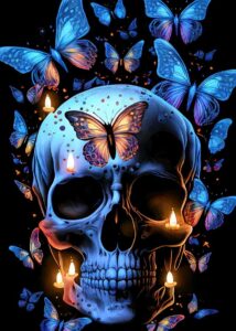 kinplub skull butterfly diamond painting kits for adults, 5d horror diamond art kits, diy paint with diamonds kit, full drill round diamond dots for halloween home wall decor 12 x 16 inch