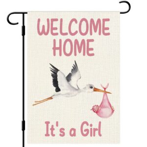 dlzdn welcome home baby girl garden flag baby shower garden flag 12×18 inch double sided burlap flag newborn gender reveal lawn yard sign stork outdoor decoration