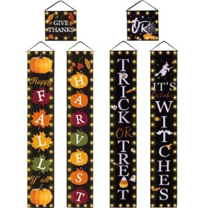 tatuo 3 pcs lighted halloween reversible banner happy fall harvest and halloween trick or treat witches banner thanksgiving day halloween party porch sign hanging sign for fall decorations outdoor