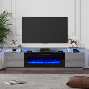 luxoak 80" fireplace tv stand, modern led entertainment center with 40" electric fireplace, high gloss finish media console with storage for tvs up to 90", grey