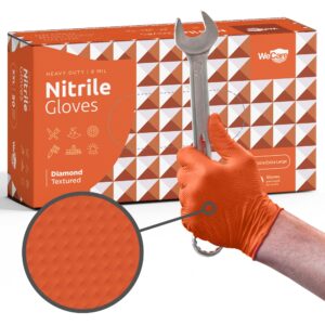 wecare orange 8 mil nitrile gloves medium 50 pack - heavy duty mechanic gloves, with diamond grip - powder and latex free disposable gloves