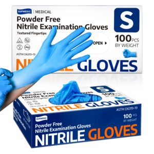 supmedic medical nitrile exam gloves, latex-free, powder-free, food safe, cooking food prep, disposable gloves, blue, 100 pcs (small)