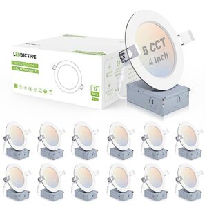 12 pack recessed lighting 4 inch with junction box, 5cct 4 inch led recessed lights dimmable 2700k/3000k/4000k/5000k/6000k, 9w 700lm ultra thin recessed lighting - etl and energy star certified