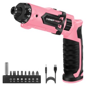 enertwist electric screwdriver, 8v max 10nm pink cordless screwdriver rechargeable set with 9 accessory kit, 21+1 cluth, dual position handle, led light