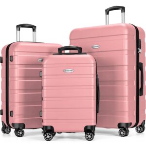 yemenren luggage sets hardside lightweight suitcase with spinner wheels tsa lock, 3-piece set (20/24/28), pink