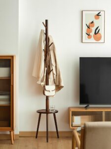 vriccc coat rack freestanding, bamboo coat stand with disc, adjustable height wooden coat tree with 8 hooks, kids coat rack, used in the bedroom living room, office to hang clothes, hats, bags