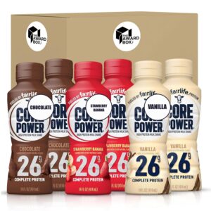 core variety power elite high protein shakes (26 grams) 14 oz. in the award box packaging (chocolate vanilla strawberry, 6 pack)