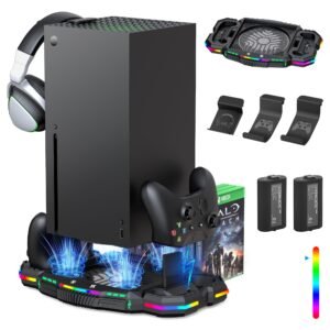 wiilkac vertical cooling fan stand and dual controller charging station for xbox series x with rgb color lights/usb ports, 3-level fan cooling system with 2 x 1400 mah rechargeable battery