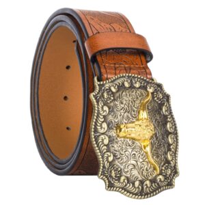 mealah men-women-western-cowboy-belt pu-leather floral engraved-bull-buckle-belts for jeans (for 25" to 38" waist)