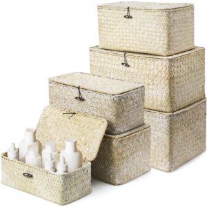 kigley 6 pcs seagrass basket with lid wicker storage decorative boxes with lids bin woven organizer for shelf closet bedroom, 6 sizes(classic style,white)