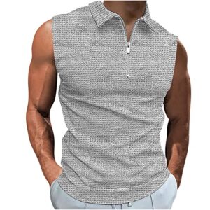 muscularfit men's polo shirts casual loose sleeveless waffle zipper t shirt summer slim fit solid color tank tops vest 2023 mens athletic shirts gray l