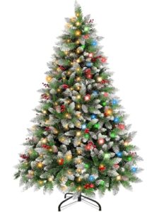 turnmeon 6.5 ft prelit artificial christmas tree 400 color-changing lights warm white & colorful 8 modes snow flocked thick full pine tree pinecone berries christmas decoration indoor outdoor holiday