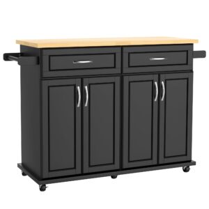 hueofgp kitchen island cart with storage kitchen carts on wheels with drawer and cabinet, wood countertop, rolling island table for kitchen (black)