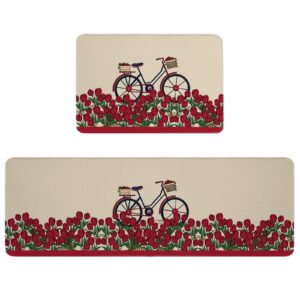 libaoge full of love bicycles and red rose flower floral kitchen mat rug set of 2 runner rug anti-fatigue comfort memory foam standing mat non-slip floor door mat for bathroom bedroom 18x30in+18x60in