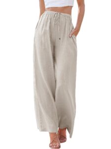 anrabess women's linen summer palazzo pants elastic waist casual beach trendy wide leg trousers with pockets large apricot