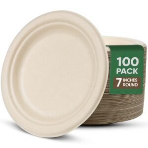 taidmiao 7 inch paper plates 100 pack - 100% compostable disposable plates, heavy duty dessert plates, biodegradable sugarcane plates for party (microwavable, oil/water proof, eco-friendly, brown)