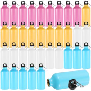 mifoci 36 pcs aluminum water bottle bulk 20 oz reusable lightweight metal water bottles with twist cap and buckle leak proof for sports gym bicycle camping travelling(pink, blue, white, yellow)