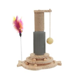 petnfam 5in1 sturdy base cat scratching post,cat scratcher includes 6 spare teasing sticks,premium sisal tall scratcher interactive track toys,massage brush,dangling ball for indoor kittens and cats