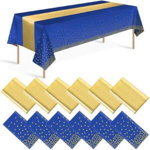 12 pack blue and gold tablecloth and table runner party decorations, royal blue and gold plastic disposable tablecloth and satin table runner for wedding birthday bridal graduation anniversary party