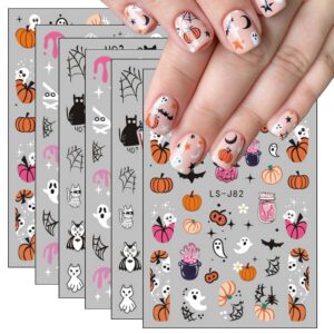 halloween nail art stickers cute ghost pumpkin 3d self-adhesive nail decals bat cat skull designs nail decorations halloween diy manicure supplies for women girls&kids 6pcs