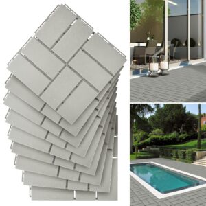 ohlela 9 pack heavy-duty plastic interlocking deck tiles - 12"x12" waterproof & durable interlocking floor tiles. patio floor tiles for balcony flooring, porch & poolside outdoor flooring (light gray)