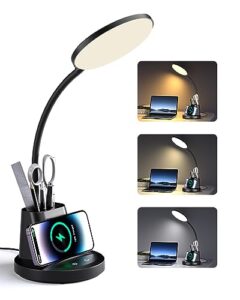 golspark desk lamp with wireless charger for home office, eye-caring reading lamp 3 color modes stepless dimming led desk lamp, touch table lamp with pen holder, cri 90 ac adapter included