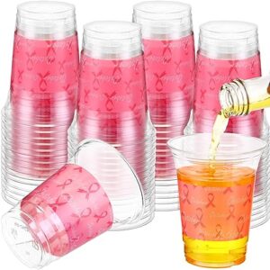 nuenen 72 pcs 12 oz breast cancer awareness clear disposable plastic cups pink ribbon breast cancer decorations for believe hope ribbon printed party drinking cups for tableware supply (pink)