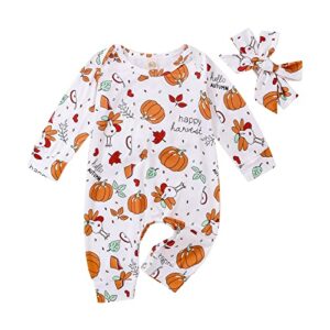 my first thanksgiving baby boy girl outfit long sleeve pumpkin turkey jumpsuit thanksgiving baby girl outfit gift (a with headband, 6-12 months)