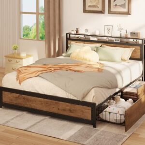 gizoon queen bed frame with storage headboard, 15 iron slats, solid and stable, large underbed storage, no box spring needed, easy assembly