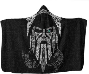 burnar viking 3d printing hooded blanket warm soft odin rune raven unisex winter wearable hooded blanket double thick plush fleece blanket cape (color : blanket, size : 50x60in/130x150cm)