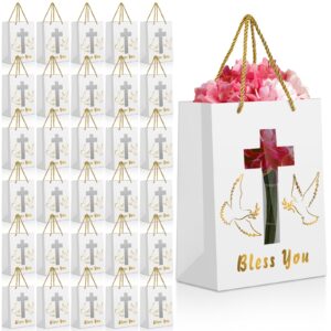 fulmoon 50 pack 10 inch white cross gift bag bulk church god bless bags with handles religious baptism gift favors for first communions confirmation weddings clergy day easter christenings