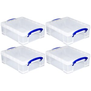 really useful box 4 pack storage bins, clear plastic stackable organizing totes, 8.1 liter