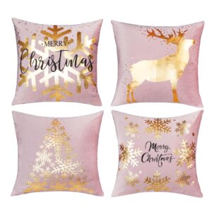 onway pink gold christmas decorations throw pillow covers 18x18 set of 4 snowflakes reindeer decorative cushion cases xmas golden decor for couch sofa bedroom