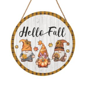 harooni fall sign for house 12"x12" hello fall gnome sign for front door rustic autumn round hanging wooden sign decorative fall sign for home front porch door yard garden