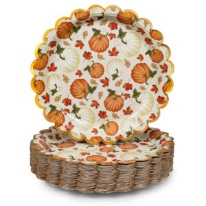 confettiville thanksgiving paper plates, 50-count disposable thanksgiving dinner plates, scalloped, party supplies, pumpkins, pale yellow