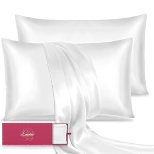 lacette silk pillowcase for hair and skin 2 pack, 22momme 100% mulberry silk & natural wood pulp fiber grade 6a dual-sided silk pillow cases, silk pillow cover with zipper (standard 20"x26",white)