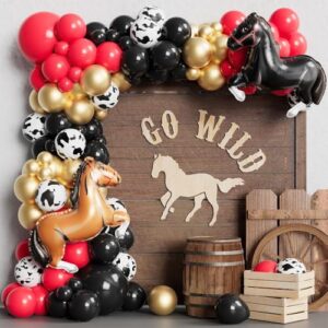 western cowboy balloons arch garland kit, 131pcs red black gold cow print balloons with 30 inch large horse foil balloons for horse racing kentucky derby day birthday party decorations