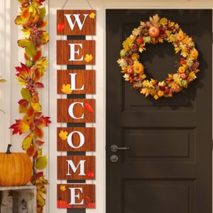 vicenpal autumn welcome sign with fall leaves for front door porch rustic wooden hanging wall sign with 7 panels farmhouse front door harvest decoration for fall harvest thanksgiving (classic style)