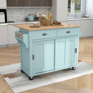 appot kitchen cart with rubber wood drop-leaf countertop, concealed sliding barn door adjustable height,kitchen island on 4 wheels with storage cabinet and 2 drawers