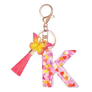 suweibuke colourful cute initial letter keychains for women girls with tassel butterfly, charm for purse backpacks handbags schoolbags (colorful pink-k)