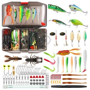 gotour fishing lures accessories kit with tackle box, fishing hooks minnow crankbait frog popper lure worm fishing spoon spinner bait for bass crappie, fishing gear freshwater equipment gifts for men