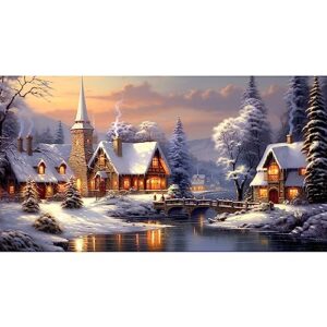 femge christmas diamond painting kits for adults winter diy 5d diamond art kits village snow scene gem art craft kits for home wall decor gifts 16x28inch