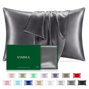 mulberry silk pillowcase for hair and skin, sgmsilk 22 momme natural silk pillow cases with zipper, 6a soft and smooth single sided pure silk pillow cover (dark gray, queen 20"x30")