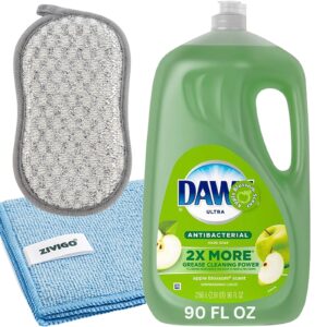 dawn dish soap ultra dishwashing liquid, apple blossom scent dishwasher detergent, hand soap & dish soap refill, 90 fl oz, bundle with dual-sided scrubbing sponge & microfiber cleaning towel, duvilo