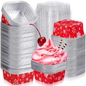 suttmin 200 pcs christmas baking cups foil pans with lids 5oz mini cake containers aluminum cupcake liners square dessert cups xmas disposable tin muffin for xmas party(snowflake)