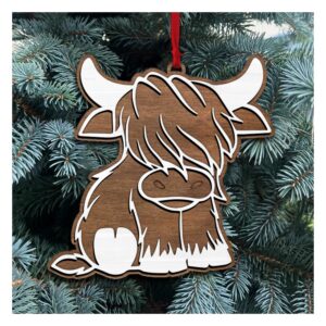 hyturtle highland cow christmas ornament gifts for cow lover - highland cow christmas wood ornament - cute farm animal lover gifts for women, girls on birthday - xmas tree hanging decoration