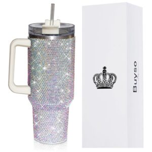 buyso 40 oz bling tumbler with handle rhinestones tumbler with lid and straw fix for car cup holder insulated stainless steel double wall water cup travel mug tumblr for women (40 oz, shiny)