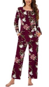 bestbee womens pajama set, 2 piece lounge outfits pleated sleepwear sets long sleeve with pockets ladies pjs, m, floral wine