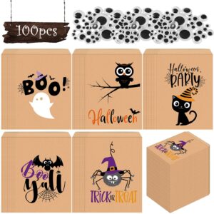 qilery 100 pcs halloween kraft paper treat bags for candy halloween goodie bags with 200 googly eyes trick or treat bulk gift bags for kids snack popcorn sandwich cookie bread food party supplies